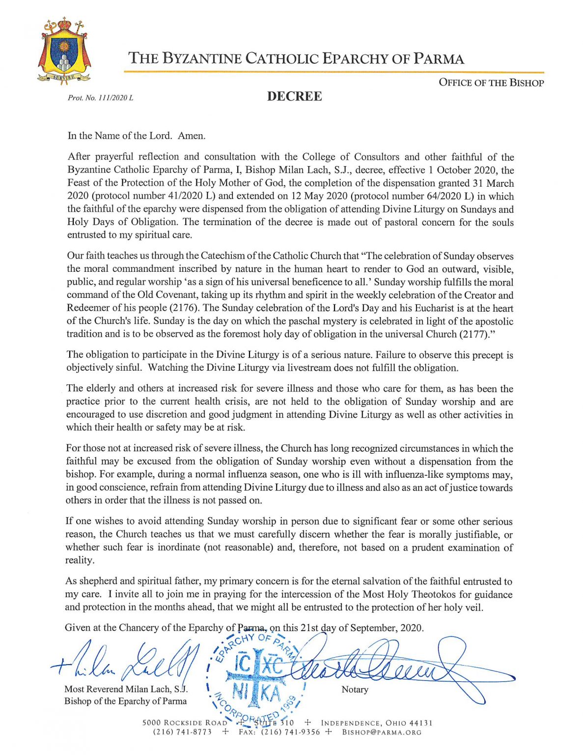 Decree of Completion of Dispensation from Attending Divine Liturgy | St ...